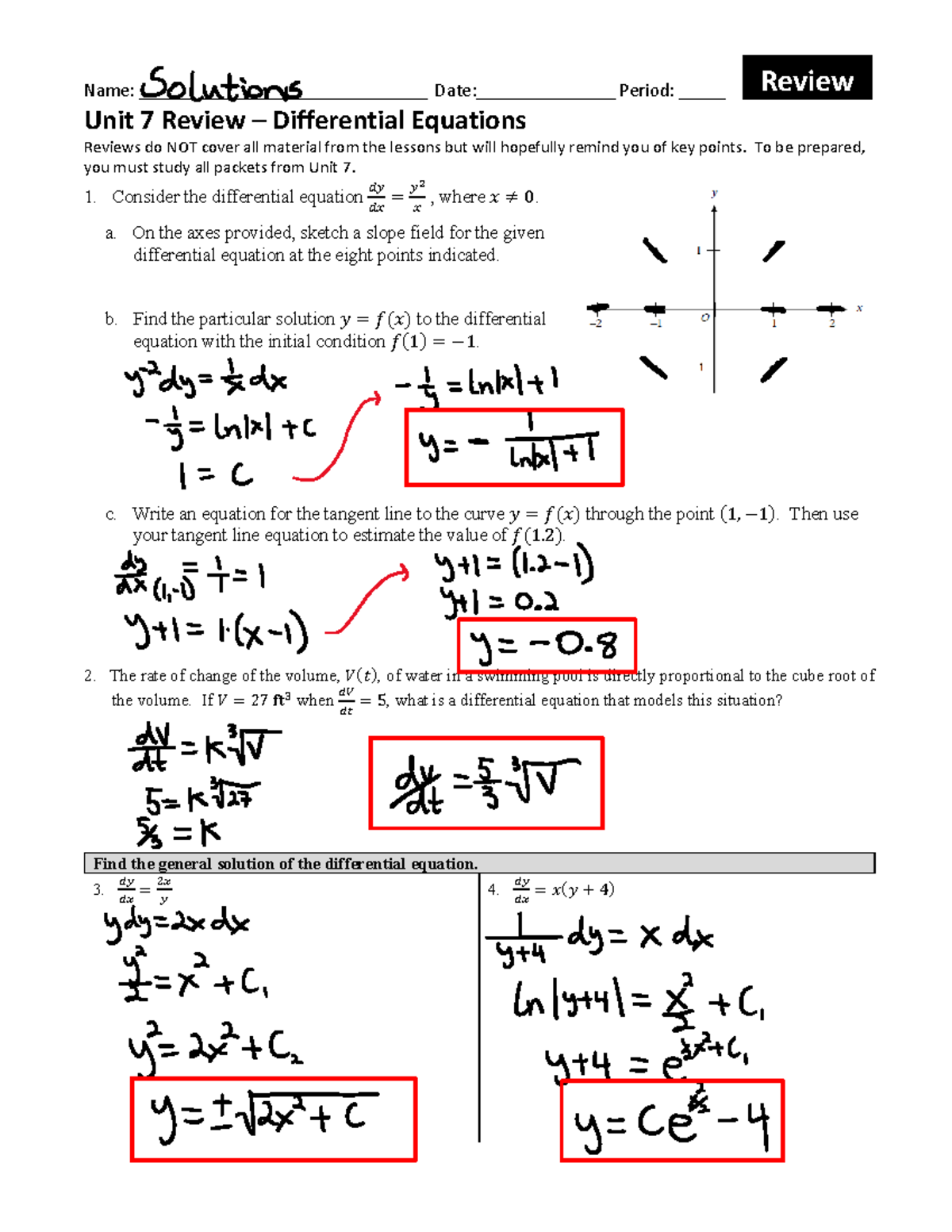 Calc 7 Unit Review Solutions: Differential Equations Explained - Studocu