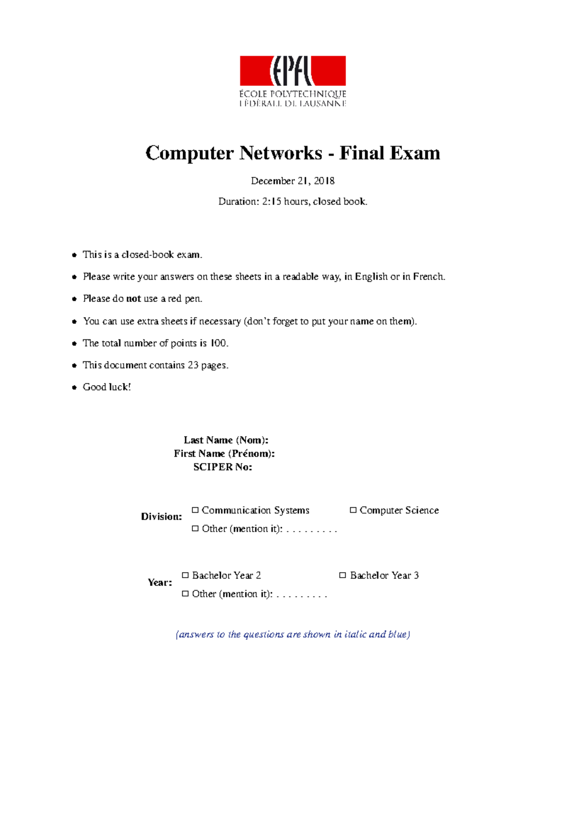 Final exam with answers - Computer Networks - Final Exam December 21 ...