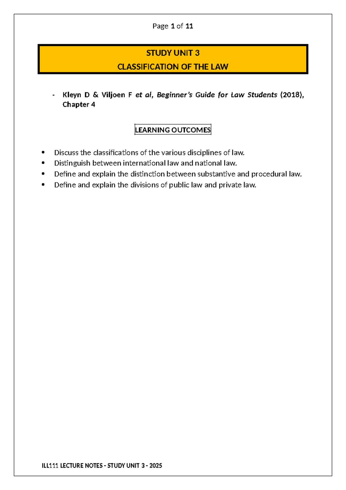 ILL111 LECTURE NOTES - STUDY UNIT 3: LAW CLASSIFICATIONS - 2025 - Studocu