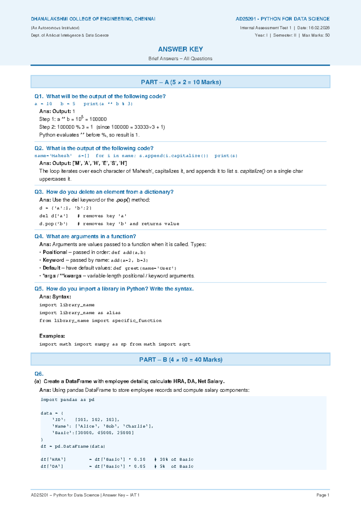 AD25201 Python for Data Science Internal Assessment Test 1 Answer Key ...