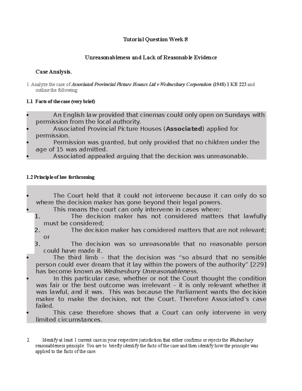 Week 8 Tutorial Qs: Wednesbury Unreasonableness Case Analysis - Studocu