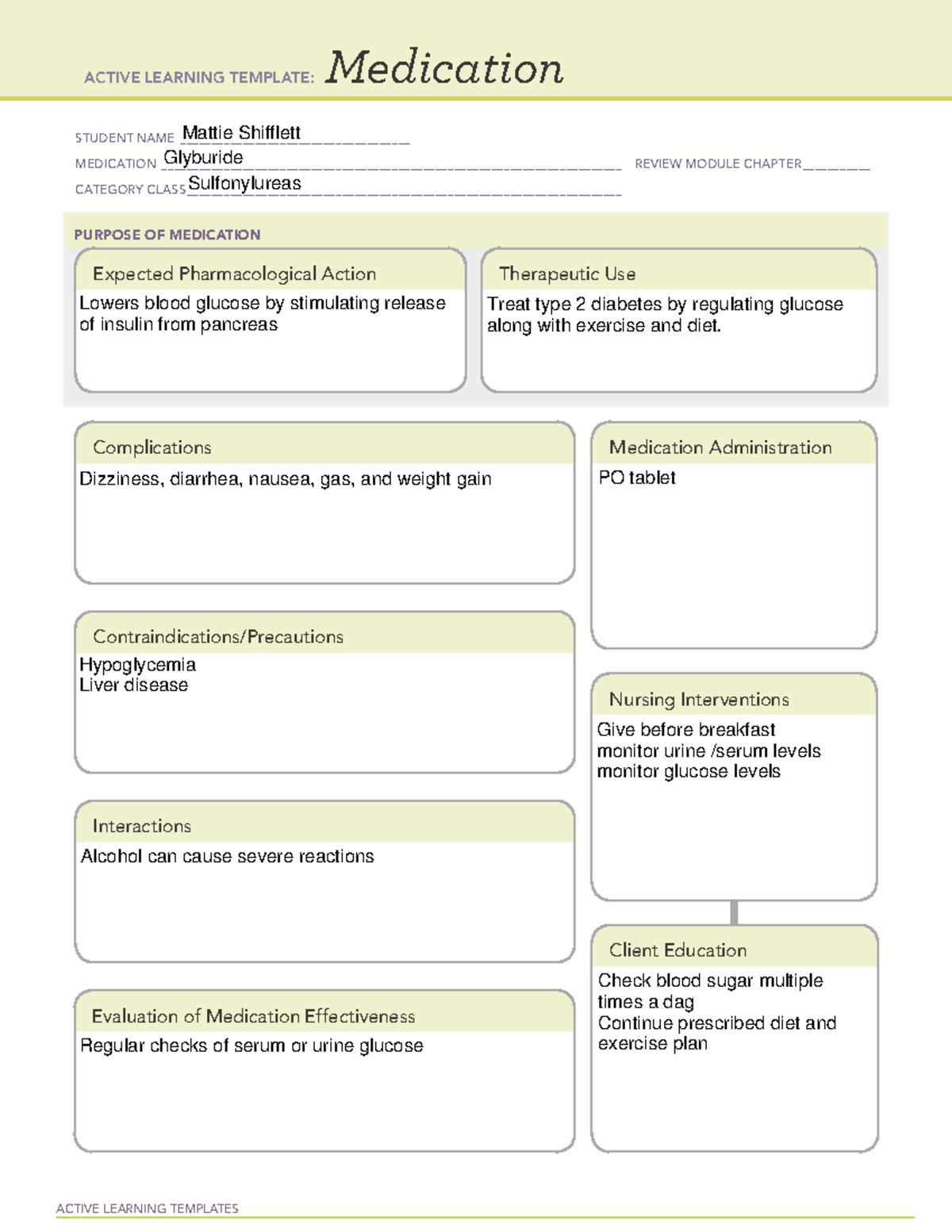 ACTIVE LEARNING TEMPLATE: Glyburide Care Plan for Type 2 Diabetes - Studocu