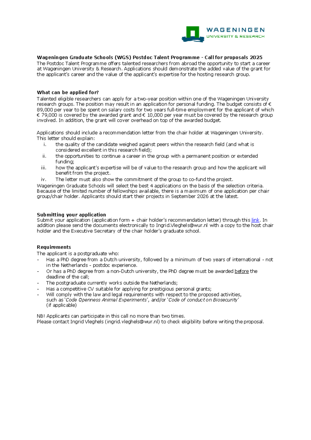 WGS Postdoc Talent Programme 2025: Call for Proposals - Studocu