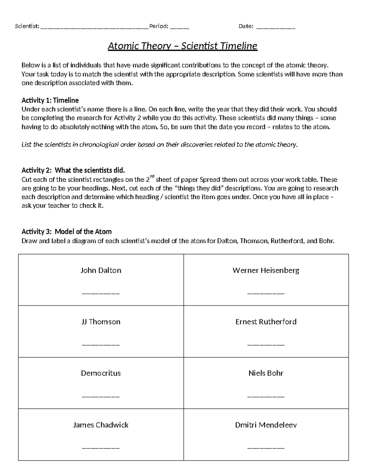 Atomic Theory Scientist Timeline Project: Activities & Key - Studocu