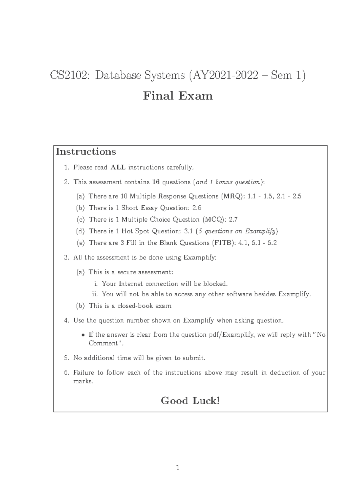 CS2102: Database Systems Sem 1 Final Exam Guidelines and Instructions ...