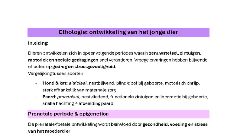 Ethologie: Ontwikkeling van het Jonge Dier - Inleiding en Fasen - Studocu