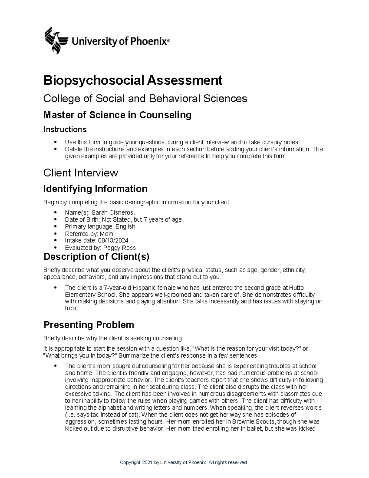 Biopsychosocial Assessment of Client Sarah (Age 7) - MS in Counseling ...