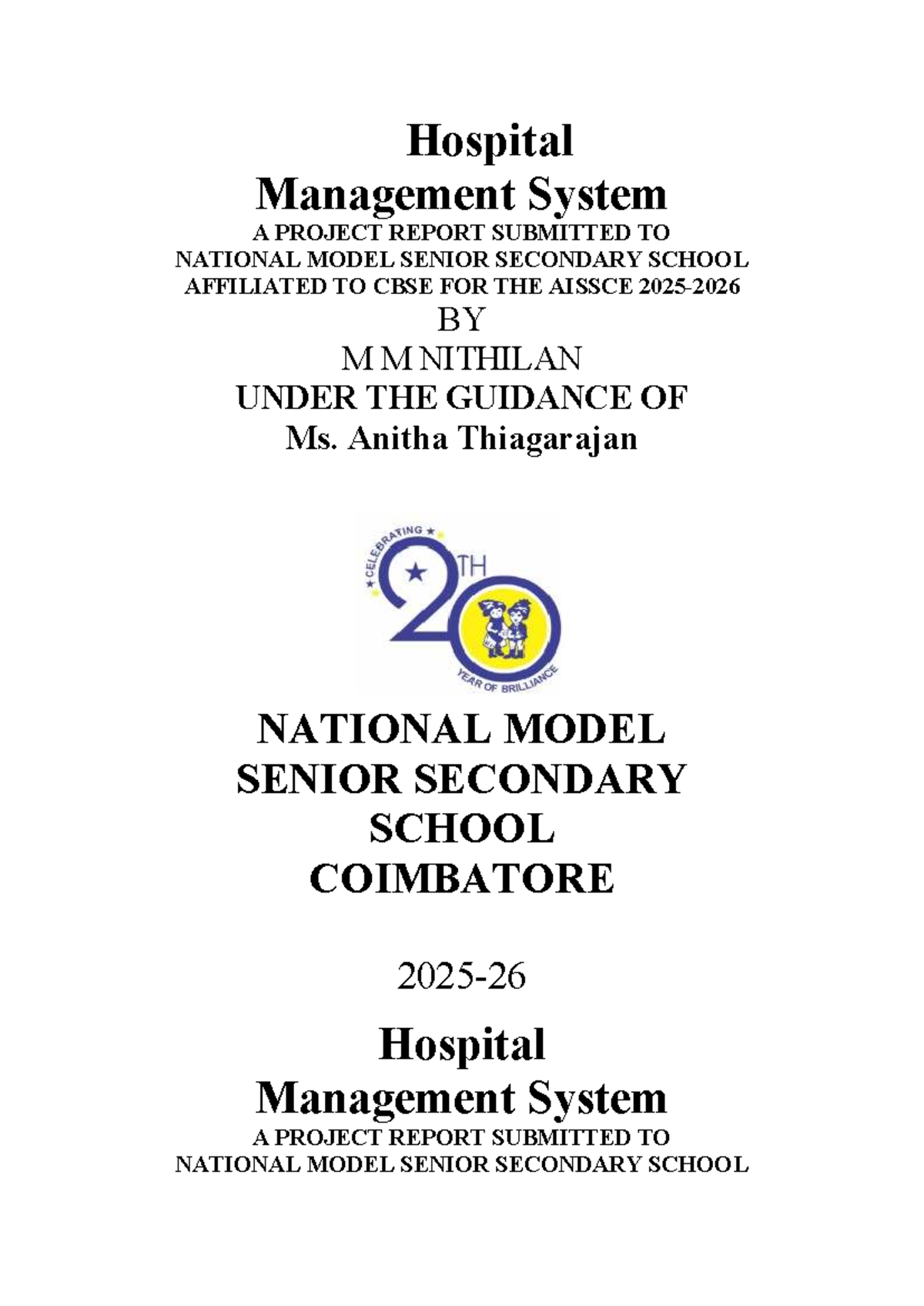 Hospital Management System Project Report - M M Nithilan - Studocu