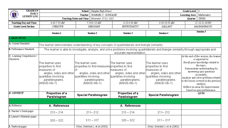 Grade 9 Mathematics Daily Lesson Log (DLP) - November 2025 - Studocu