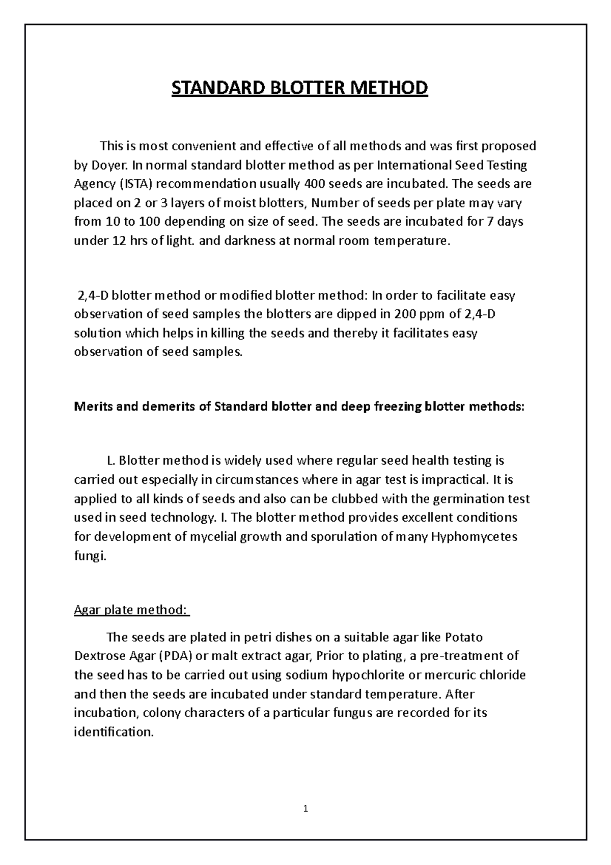 Standard Blotter Method: Seed Testing Techniques and Applications - Studocu