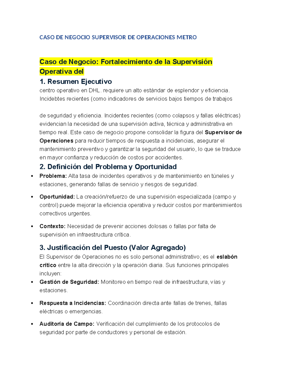 CASO DE NEGOCIO: Supervisión Operativa en Metro para DHL - Studocu