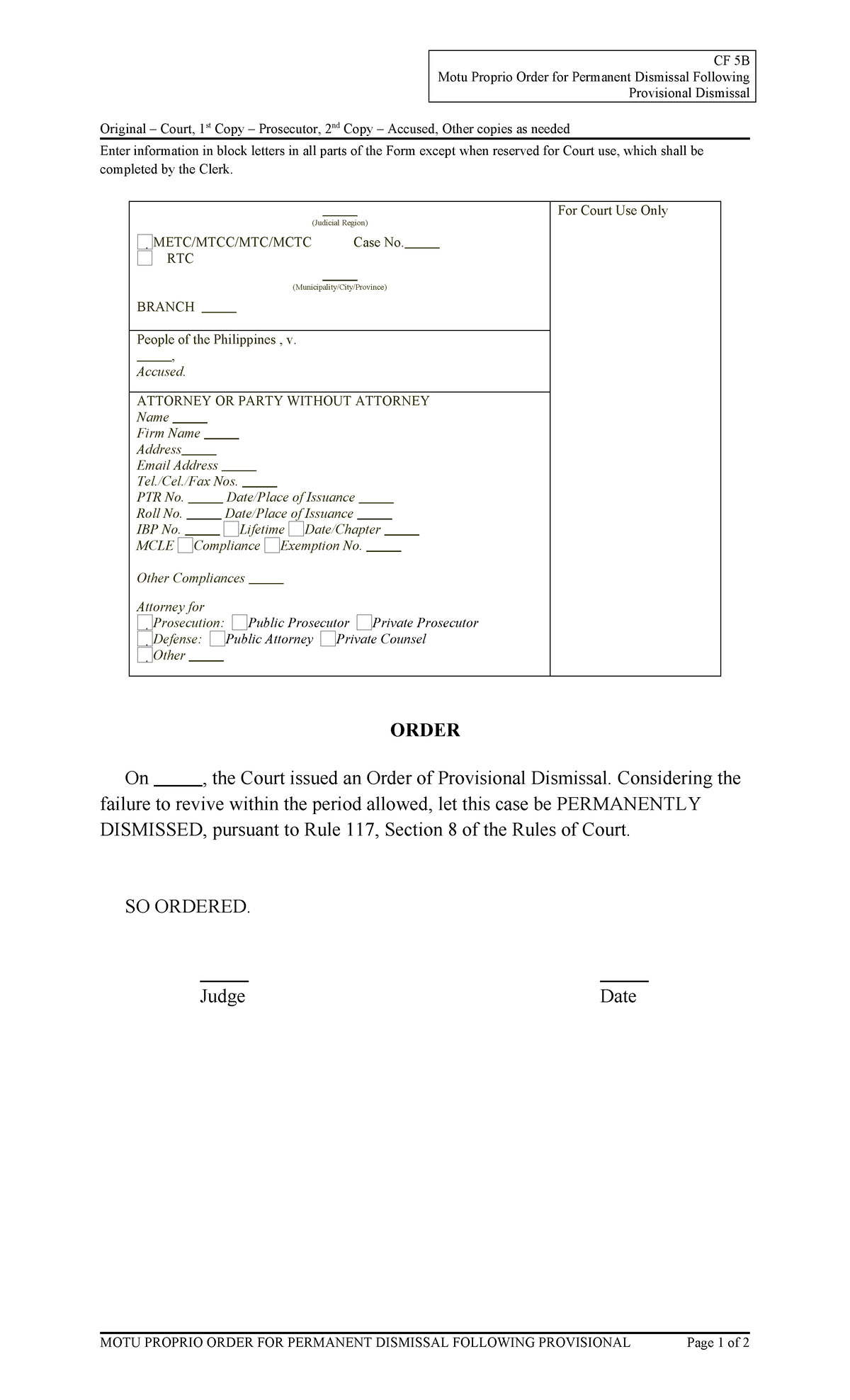 CF 5B Permanent Dismissal Order Post-Provisional Dismissal - Studocu