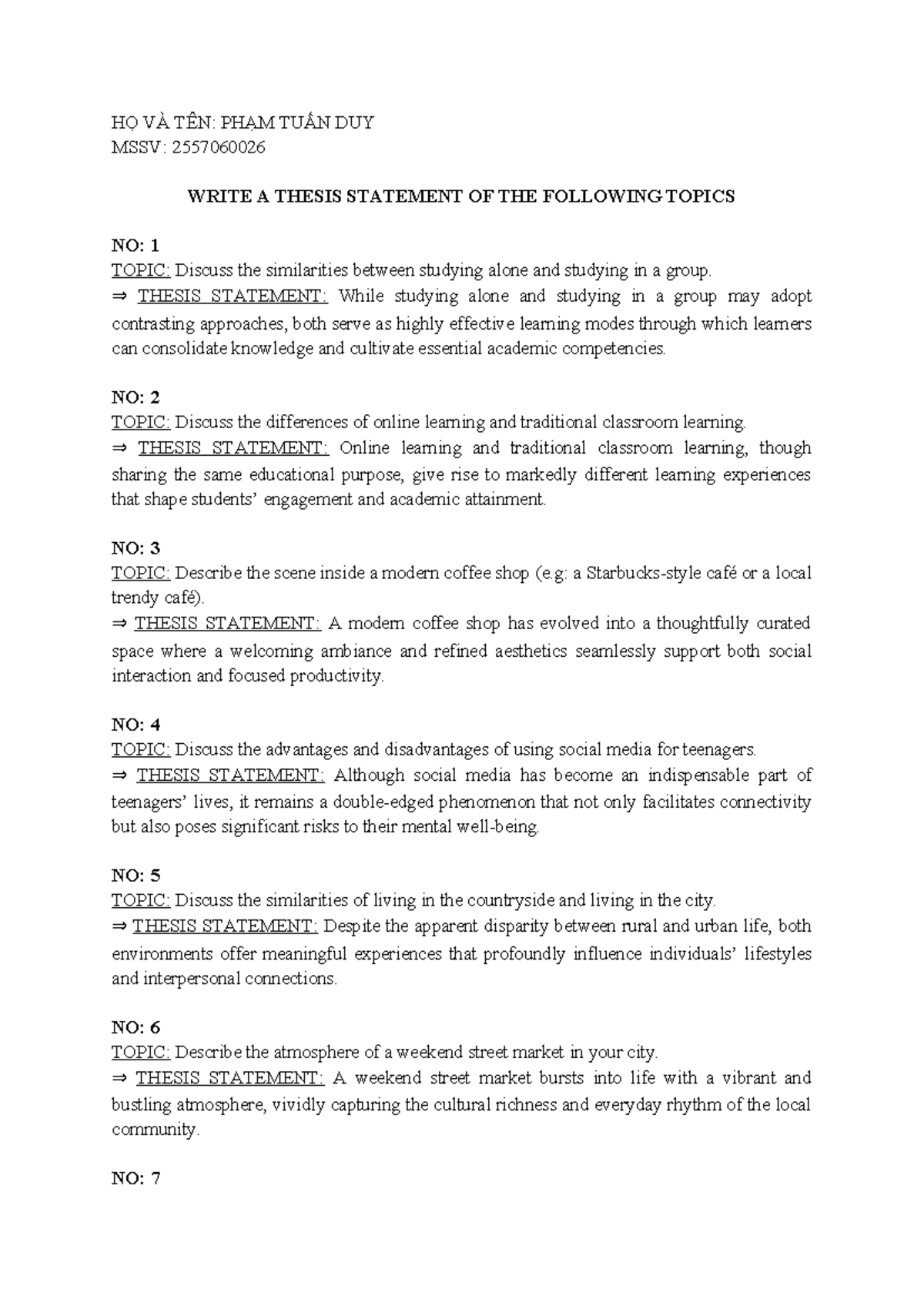 Thesis Statements for Writing 2 - 04 05 2026 - Studocu