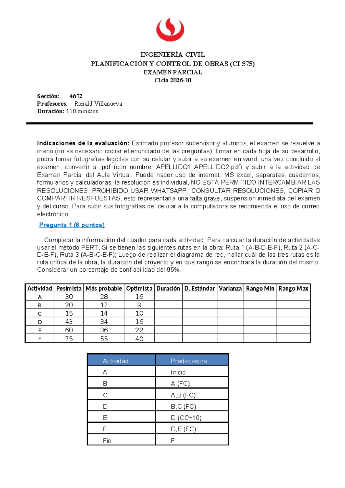 Examen Parcial CI 575: Planificación y Control de Obras - Studocu