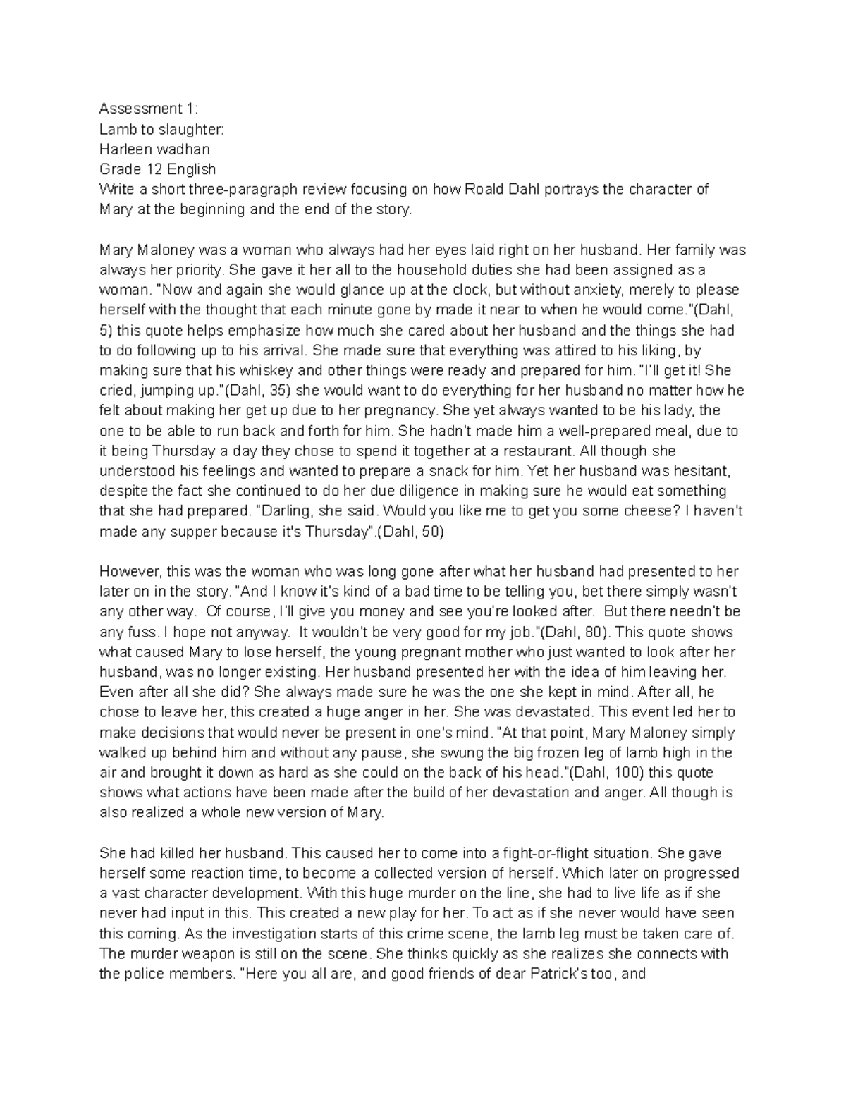 Assessment 1: Character Analysis of Mary in "Lamb to the Slaughter ...