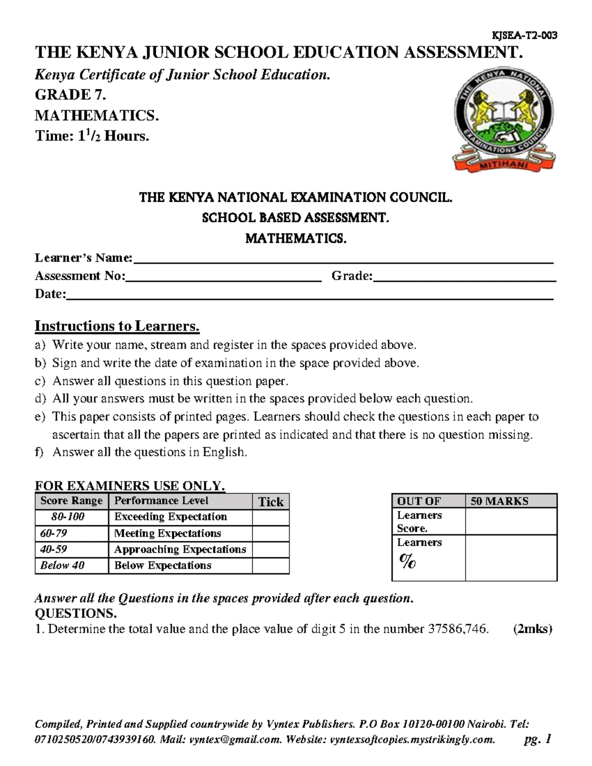 Targeter 006 Grade 8 Mathematics Assessment 2024 - Studocu