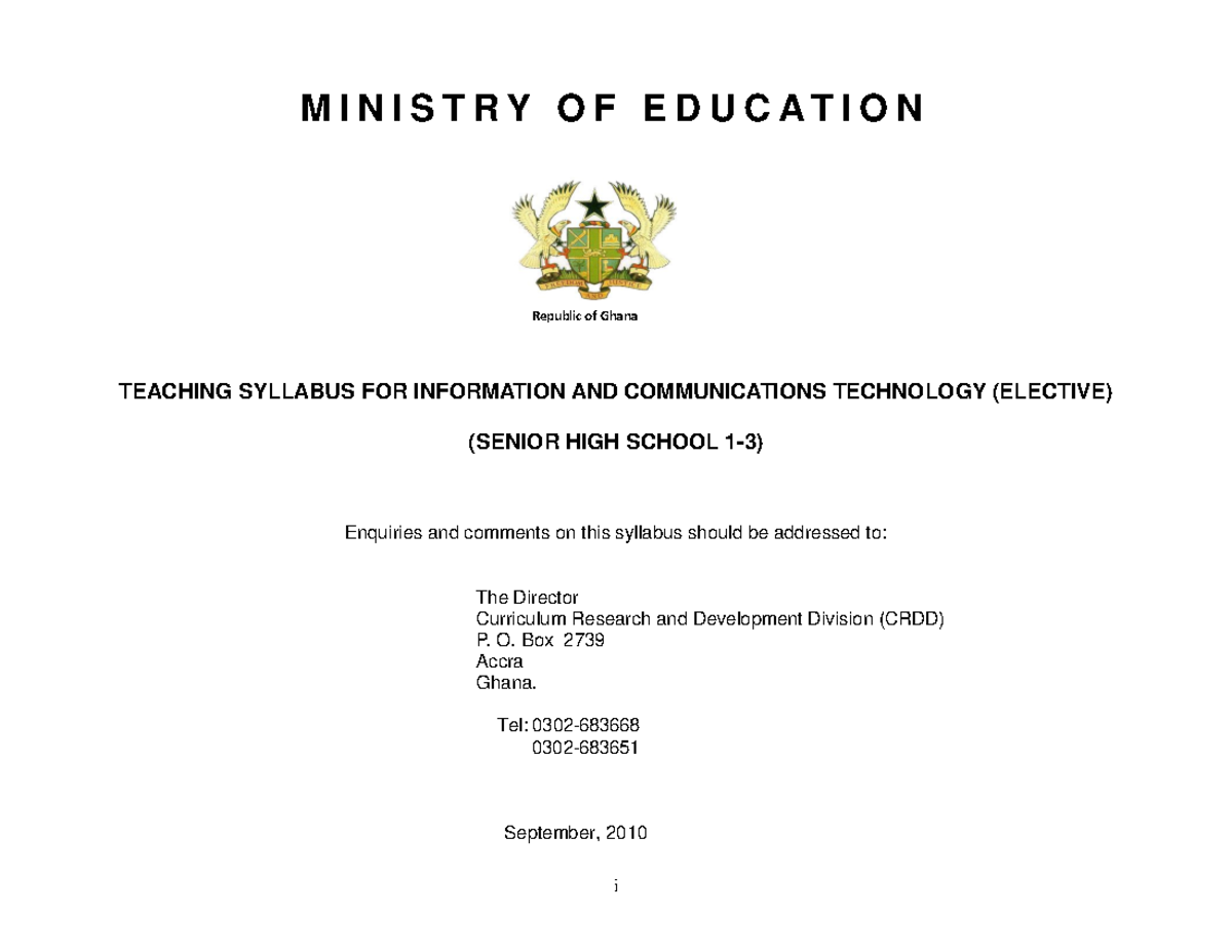 Teaching Syllabus for ICT Elective SHS (Syllabus 2010) - Studocu