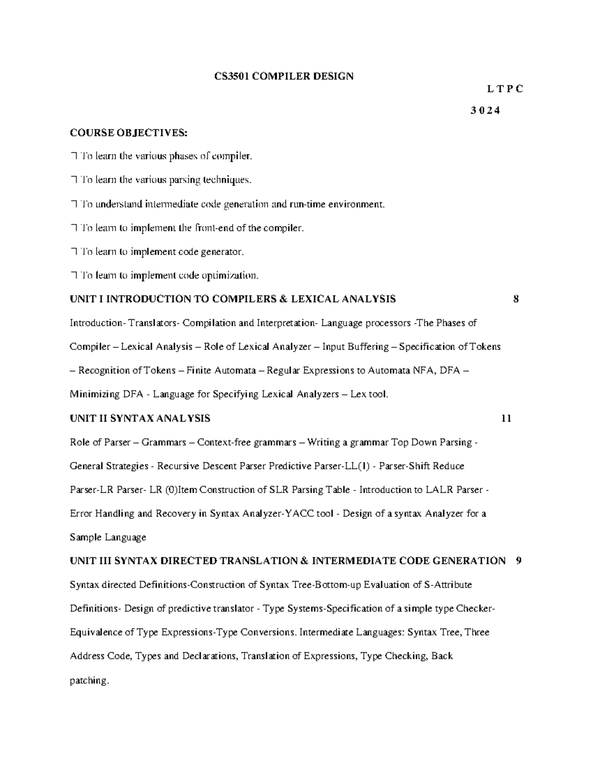 CS3501 Compiler Design - Syllabus and Course Notes - Studocu