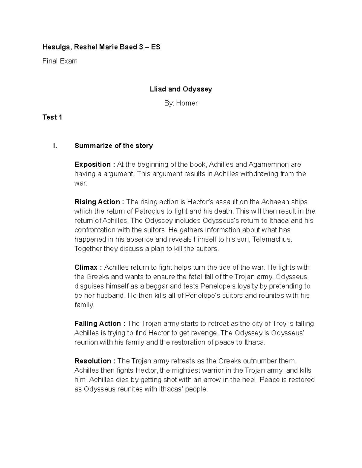 BSED 3 ES Final Exam: Iliad and Odyssey Summary & Critique - Studocu