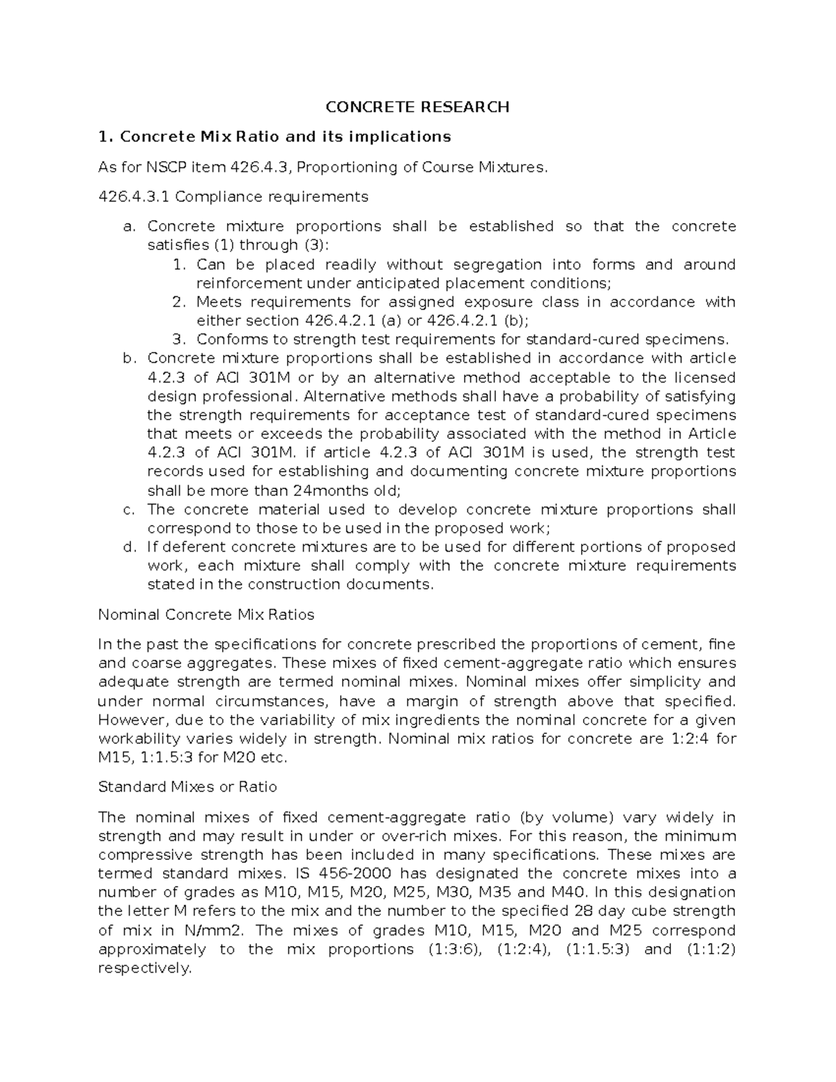 Concrete-Research - Grade: A - CONCRETE RESEARCH 1. Concrete Mix Ratio ...