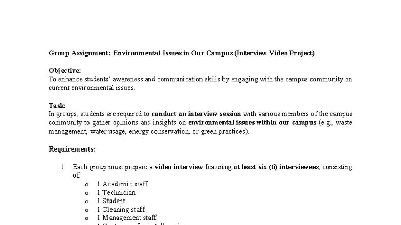 Group Assignment: Video Interview on Campus Environmental Issues - Studocu