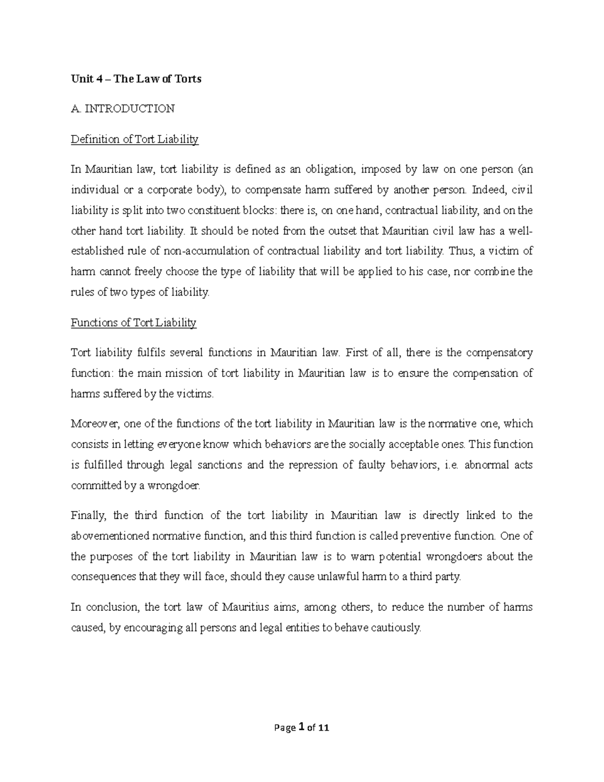 Unit 4: Tort Law Notes - Understanding Tort Liability in Mauritius ...