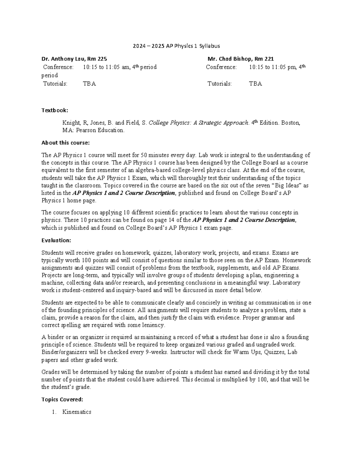 AP Physics 1 Syllabus 2024-2025 - Dr. Anthony Lau - Studocu