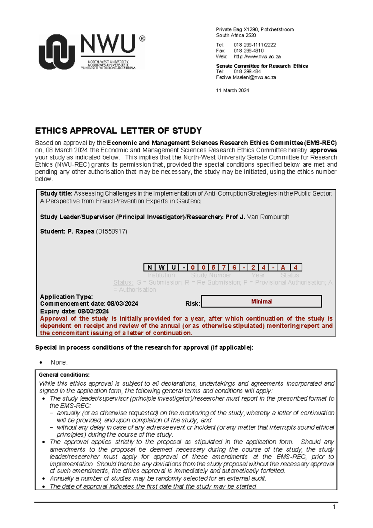 Ethics Approval Letter for Study on Public Sector Strategies (N W U ...