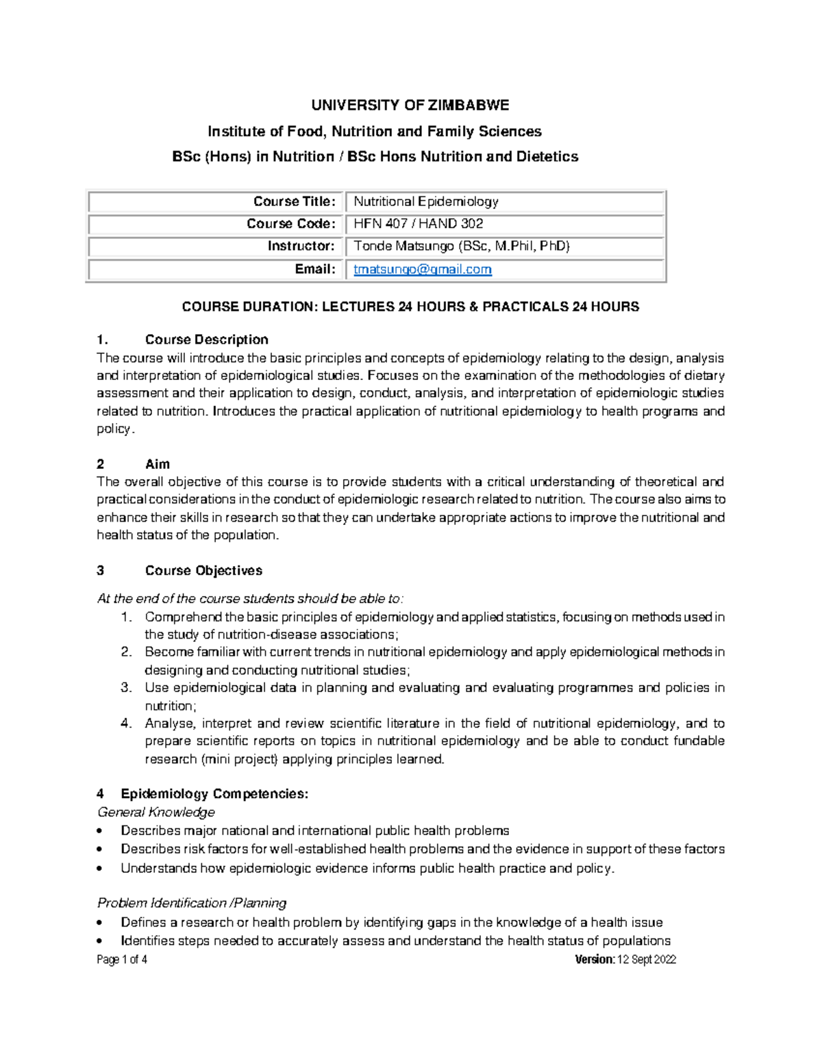 HFN 407 / HAND 302 - Nutritional Epidemiology Course Outline 2022 - Studocu