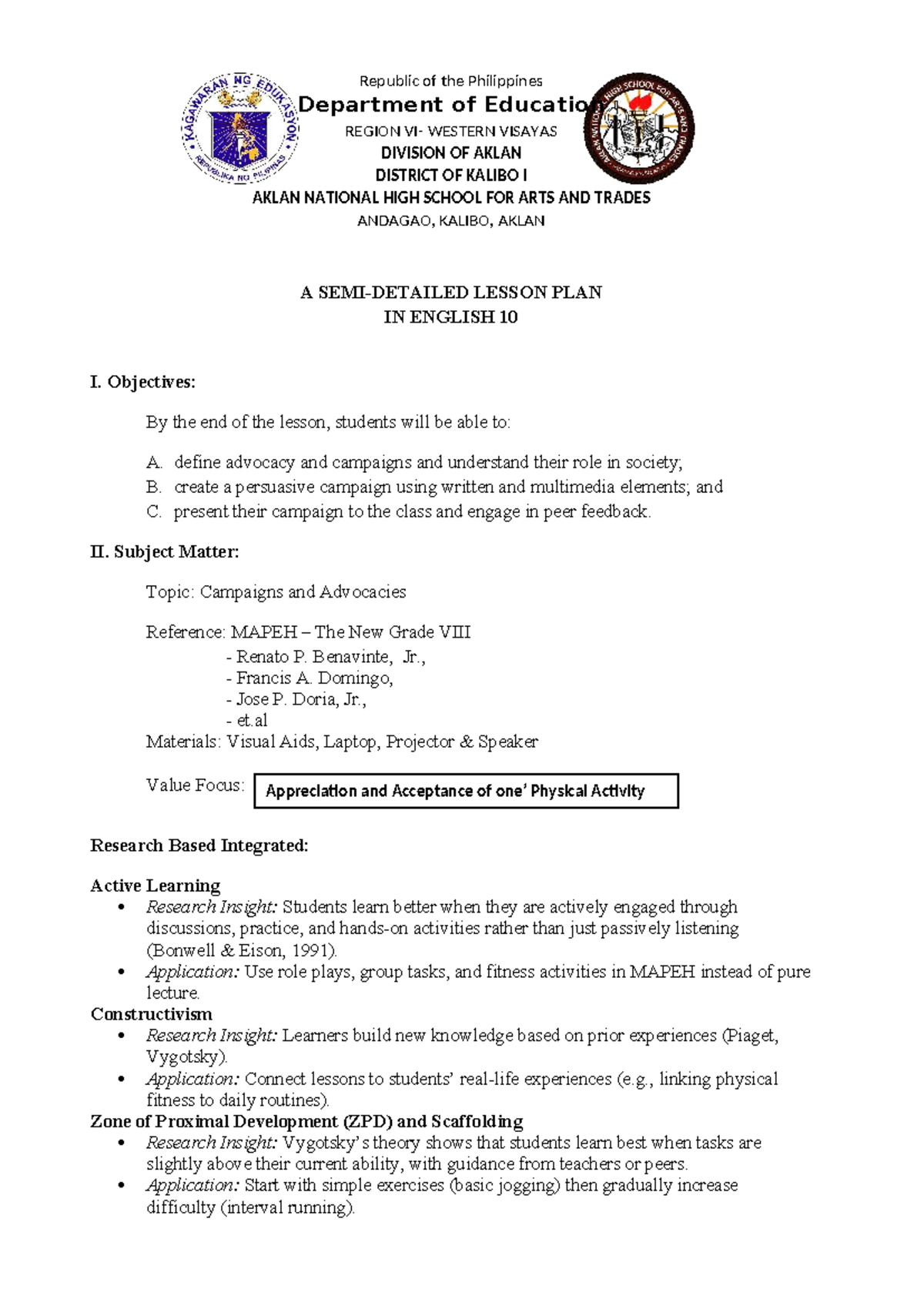 Lesson Plan in English 10: Campaigns and Advocacies - Studocu