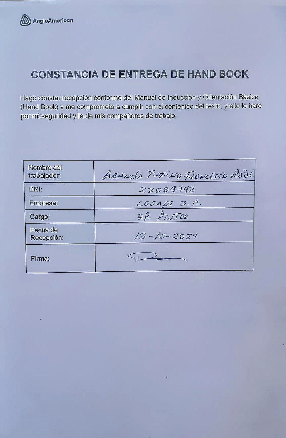 Documentos - Práctica - AngloAmerican CONSTANCIA DE ENTREGA DE HAND ...