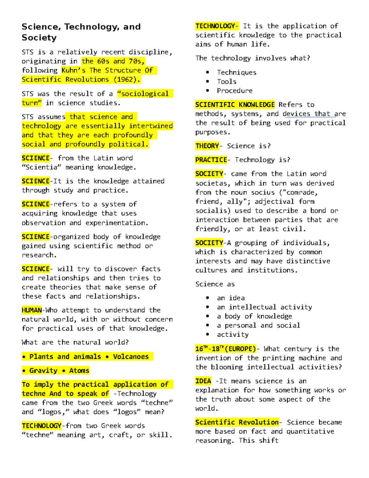 STS Lecture Notes 1-3: Science, Technology, and Society Overview - Studocu