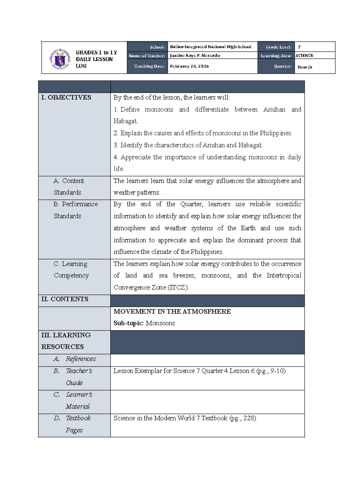 Q4 SCI7 Daily Lesson Log: Understanding Monsoons in Science 7 - Studocu