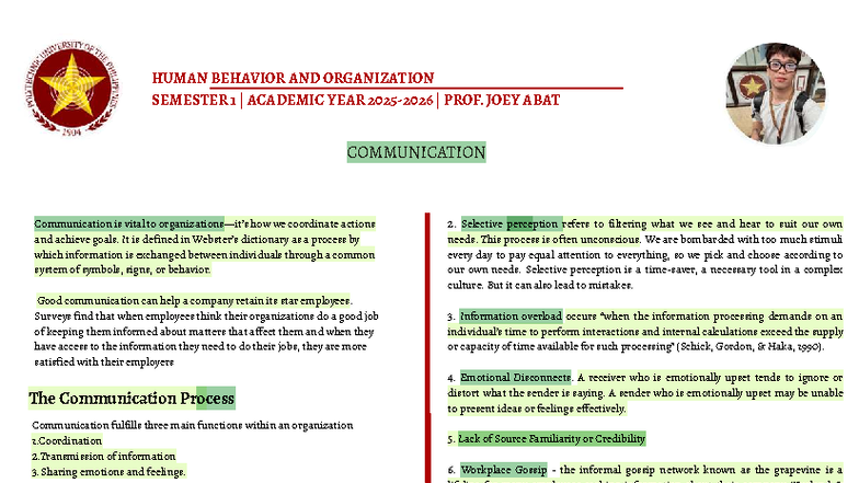 HUMAN BEHAVIOR AND ORGANIZATION COMMUNICATION SEM 1 NOTES - Studocu
