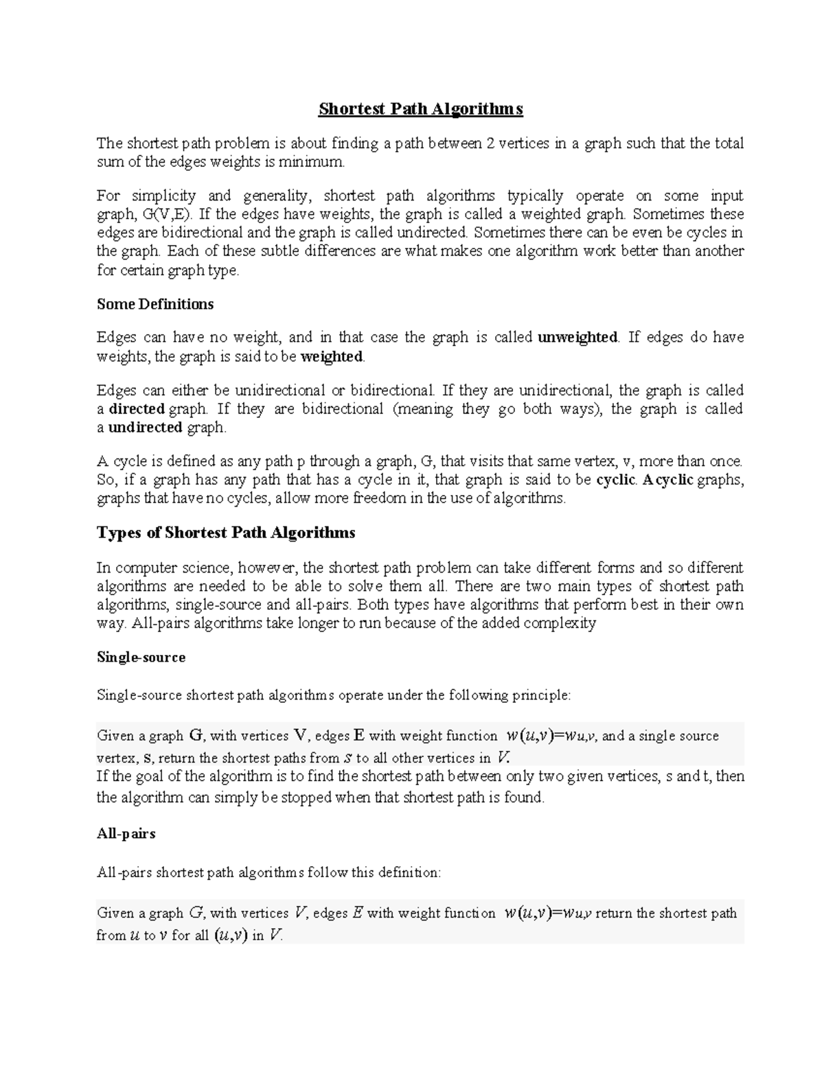 Shortest Path Algorithms - For simplicity and generality, shortest path ...