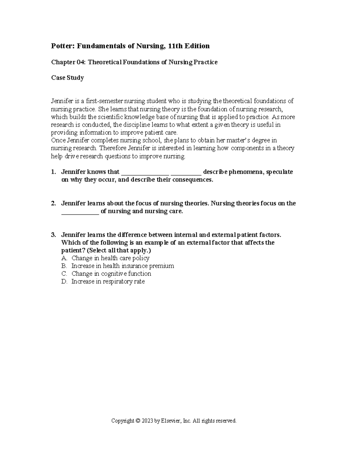 Chapter 004 - Nursing Theory Foundations: Case Study Insights - Studocu