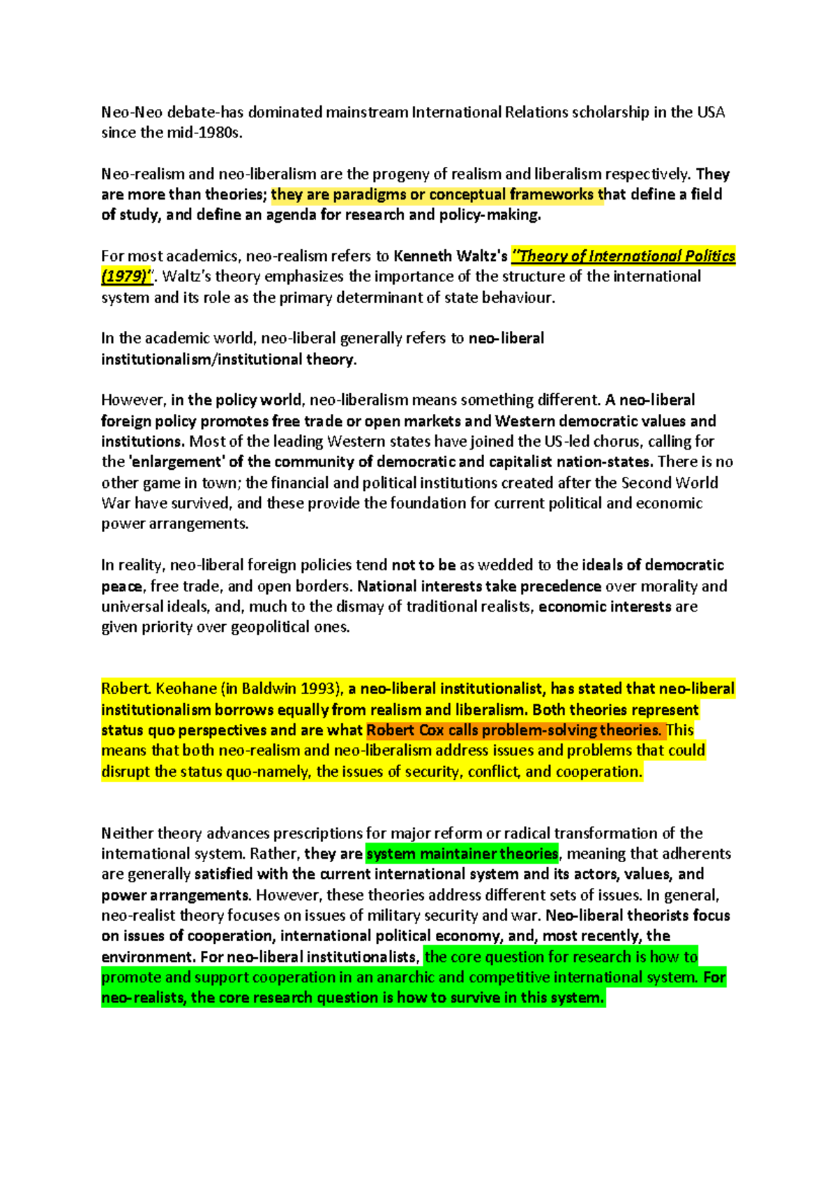 The Neo-Neo Debate: Understanding Realism and Liberalism in IR - Studocu