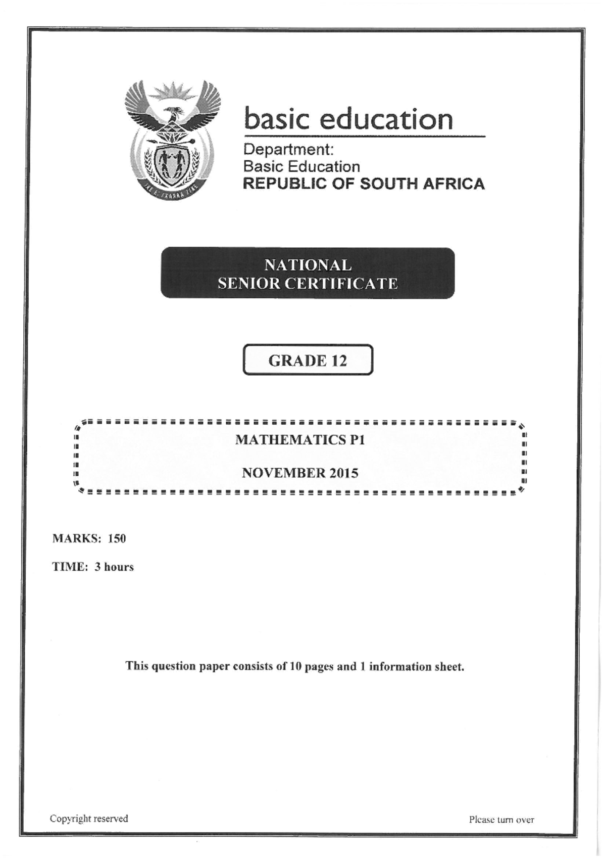 Mathematics P1 Grade 12 November 2015 Exam Paper - Studocu