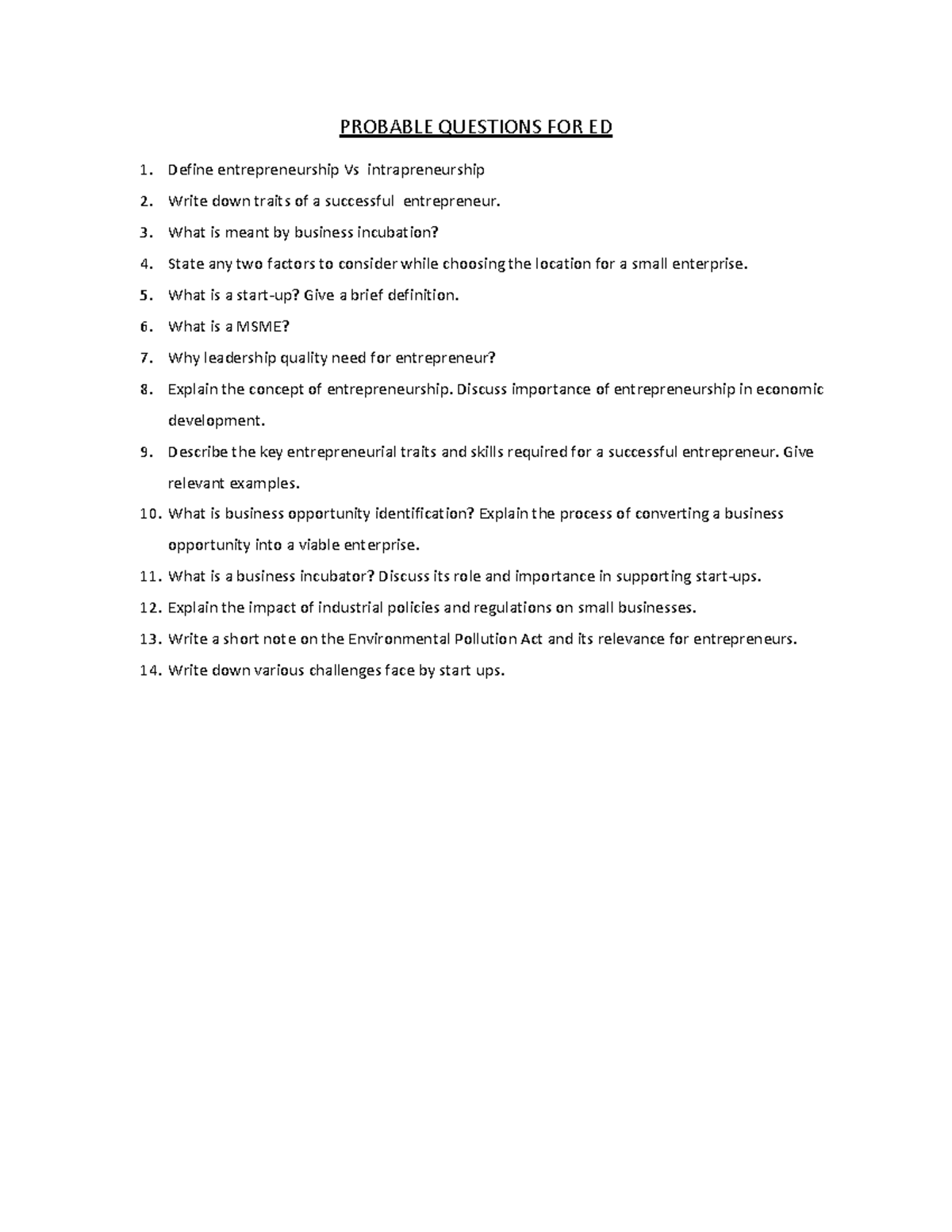 ED 101: Key Questions on Entrepreneurship and Intrapreneurship - Studocu