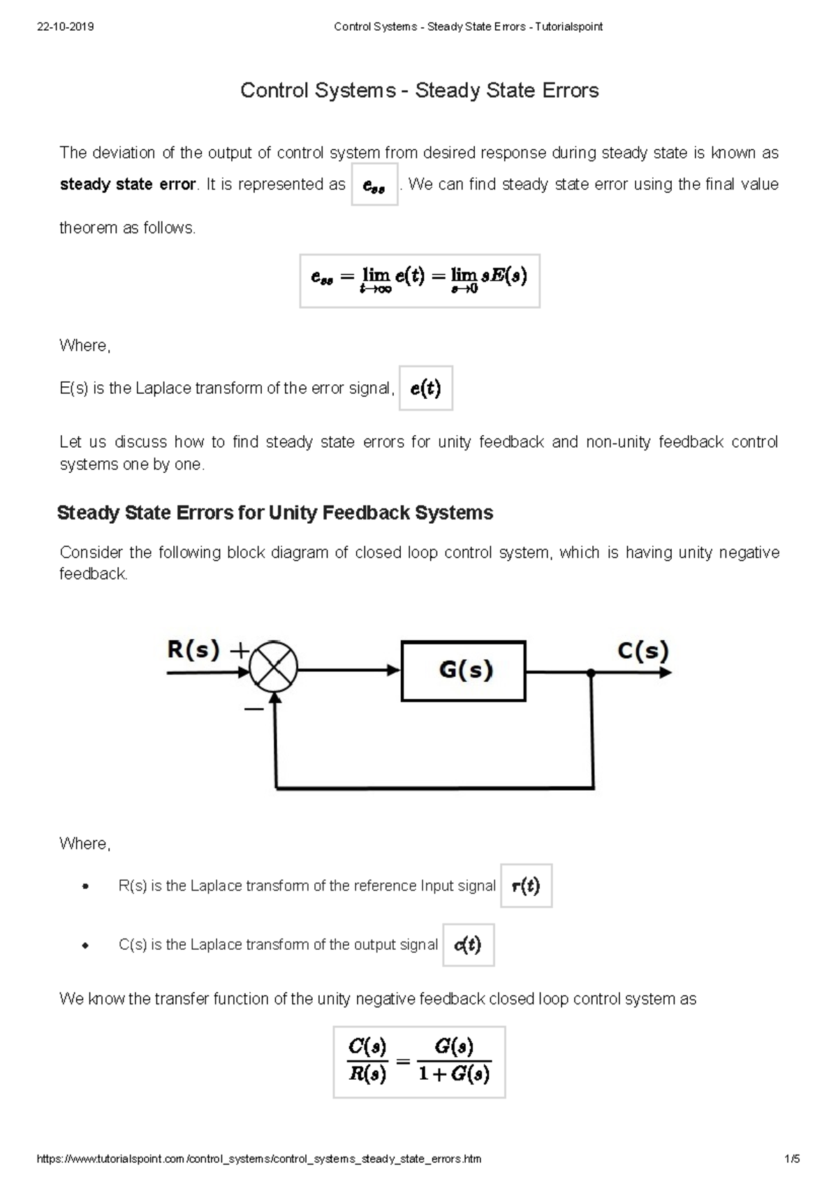 Control Systems - Steady State Errors Analysis and Examples - Studeersnel