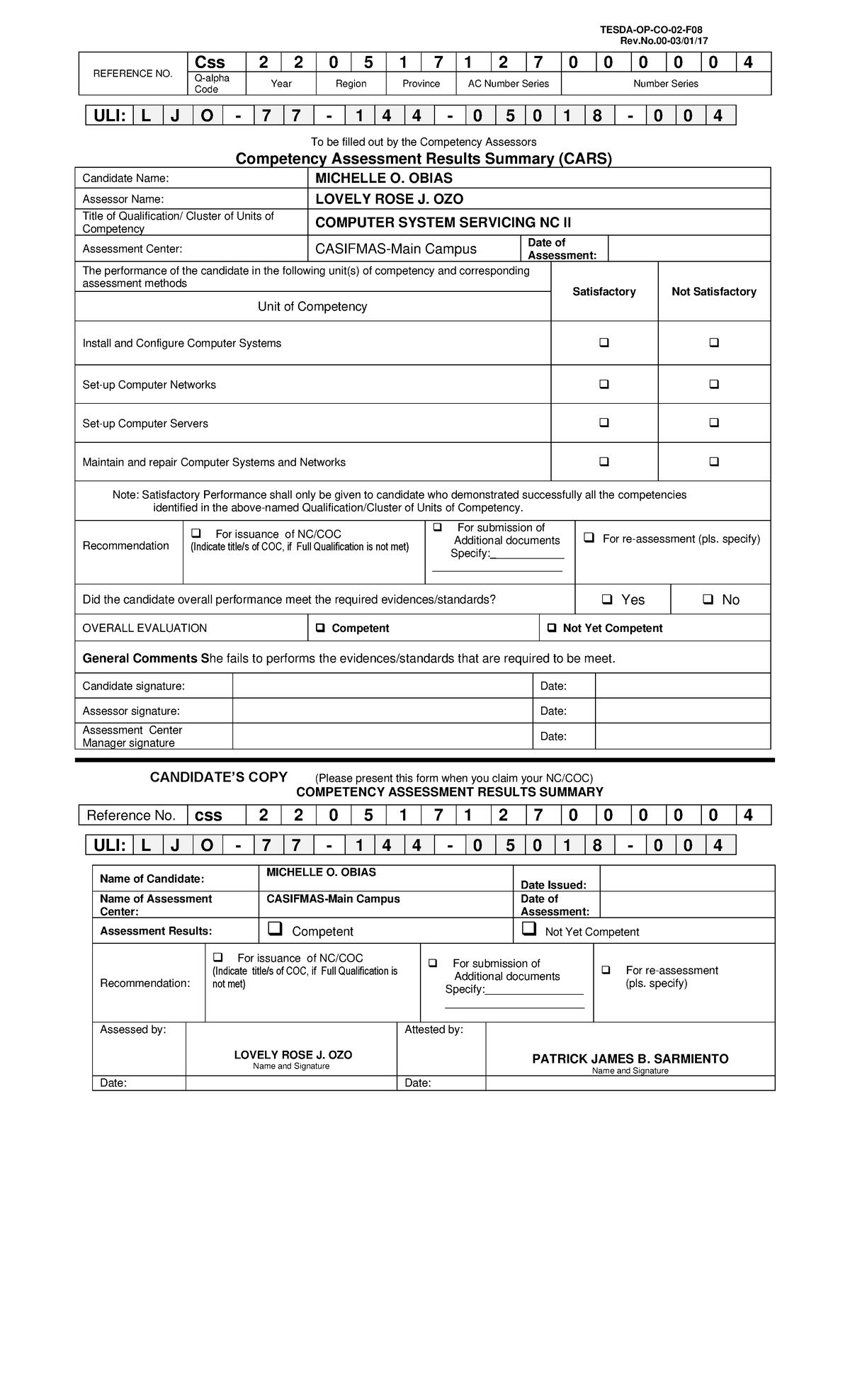 Competency Assessment Results Summary for CCA: Michelle O. Obias - Studocu