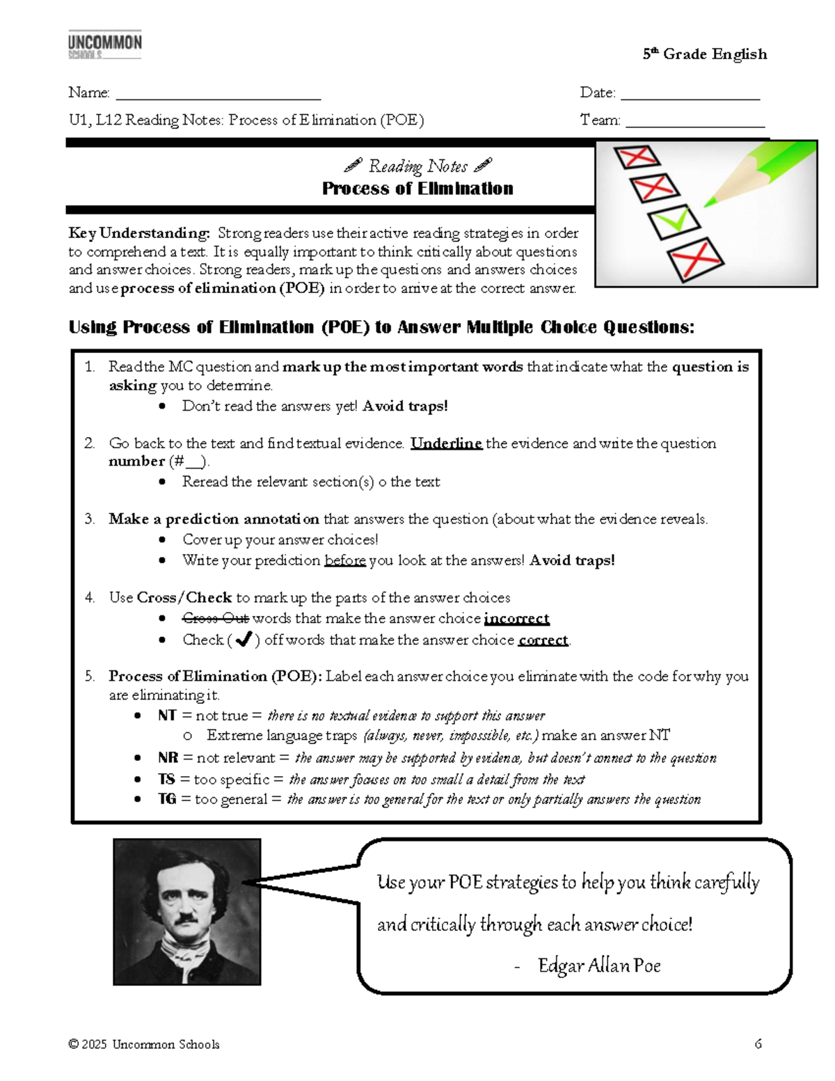 5th Grade English U1, L12 Reading Notes: POE Techniques - Studocu