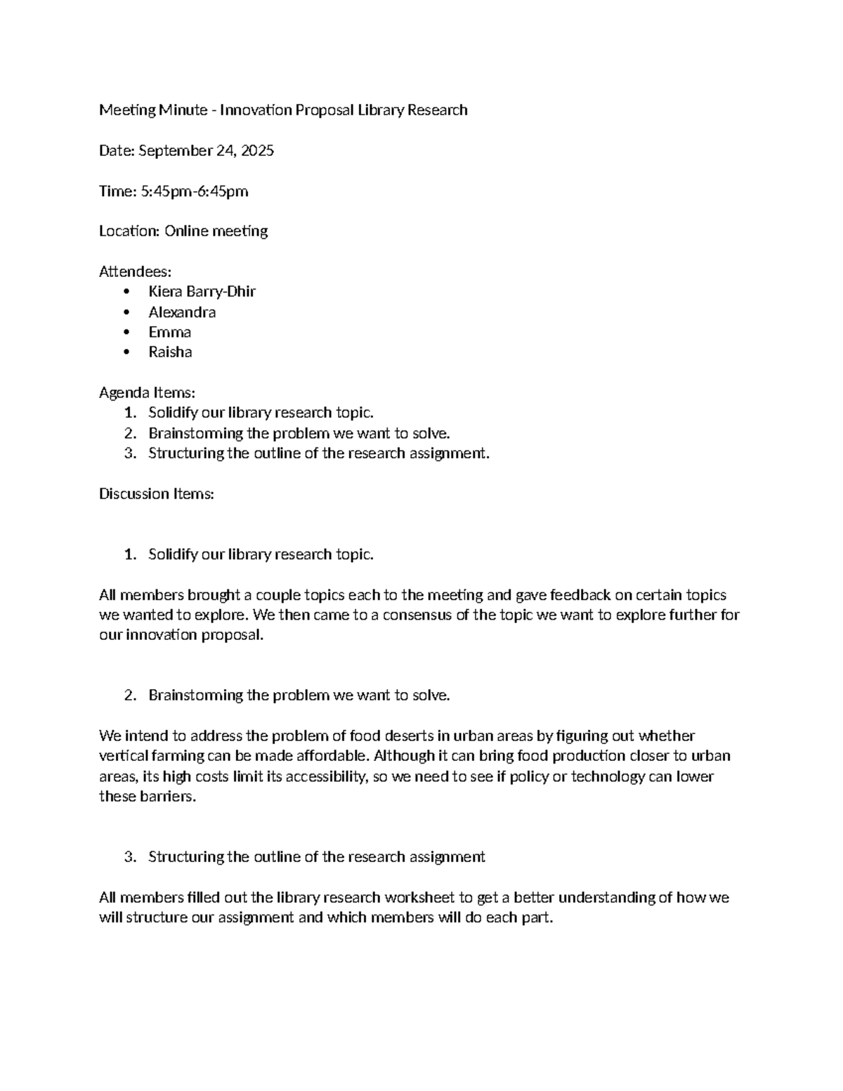 Meeting Minutes: Innovation Proposal on Food Deserts Research - Studocu