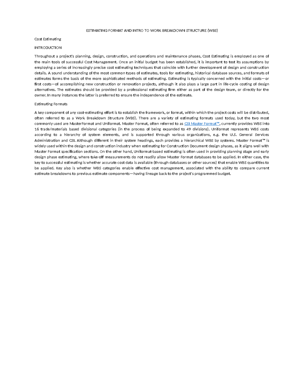 Estimating Format AND Intro TO WORK Breakdown Structure - ESTIMATING ...