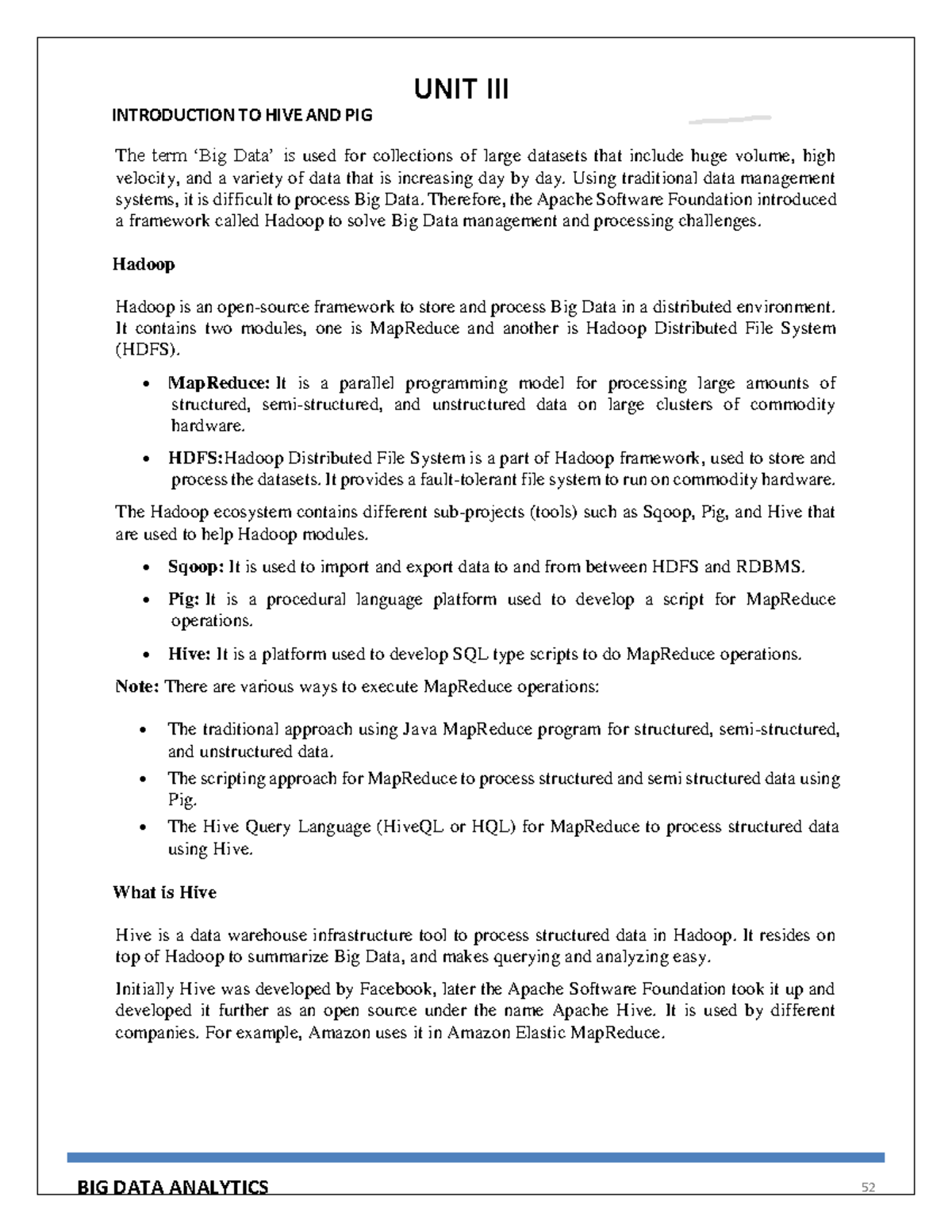 Unit 3: Introduction to Hive and Pig in Big Data Analytics (BDA) - Studocu