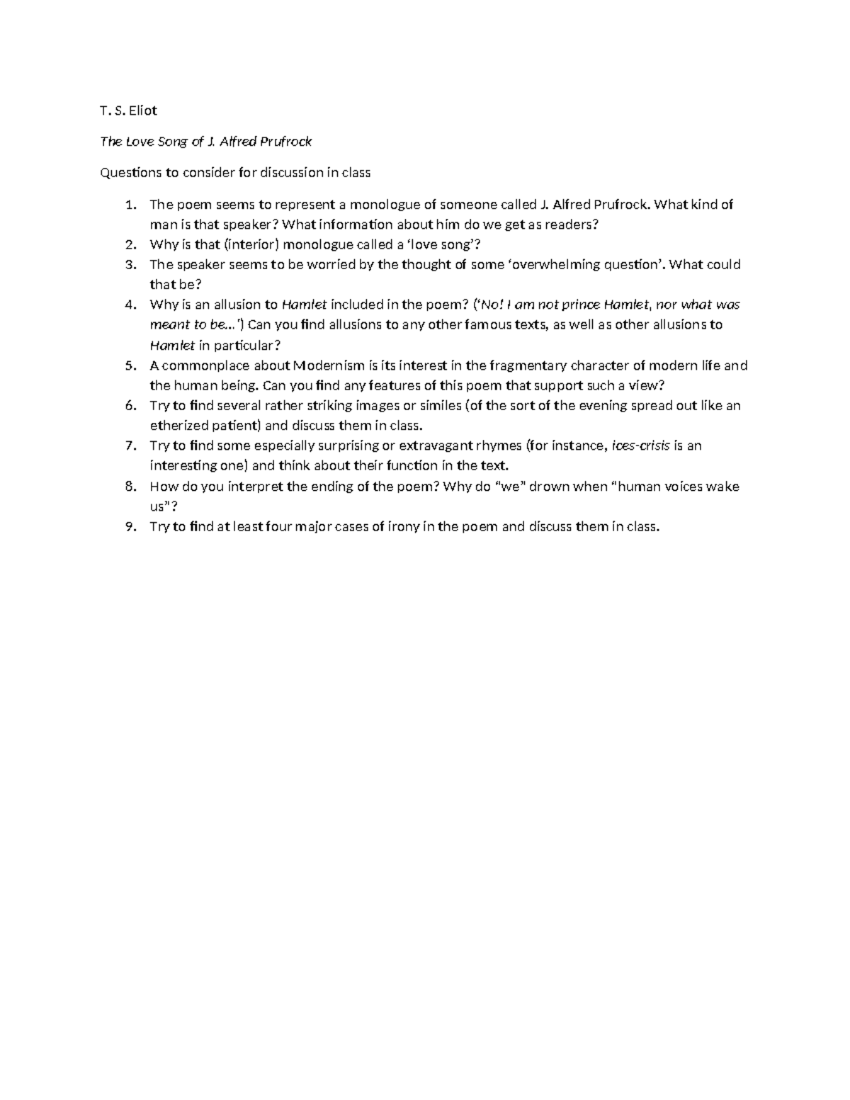 Eliot's "The Love Song of J. Alfred Prufrock" Discussion Questions ...