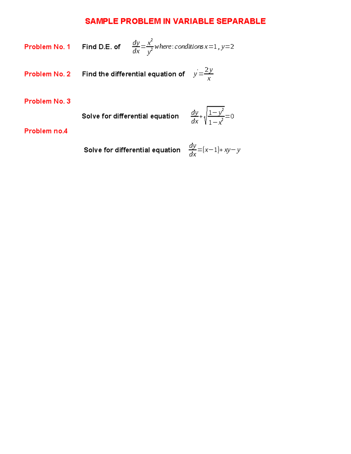 3rd Day Sample Problems in ODE: Variable Separable Techniques - Studocu