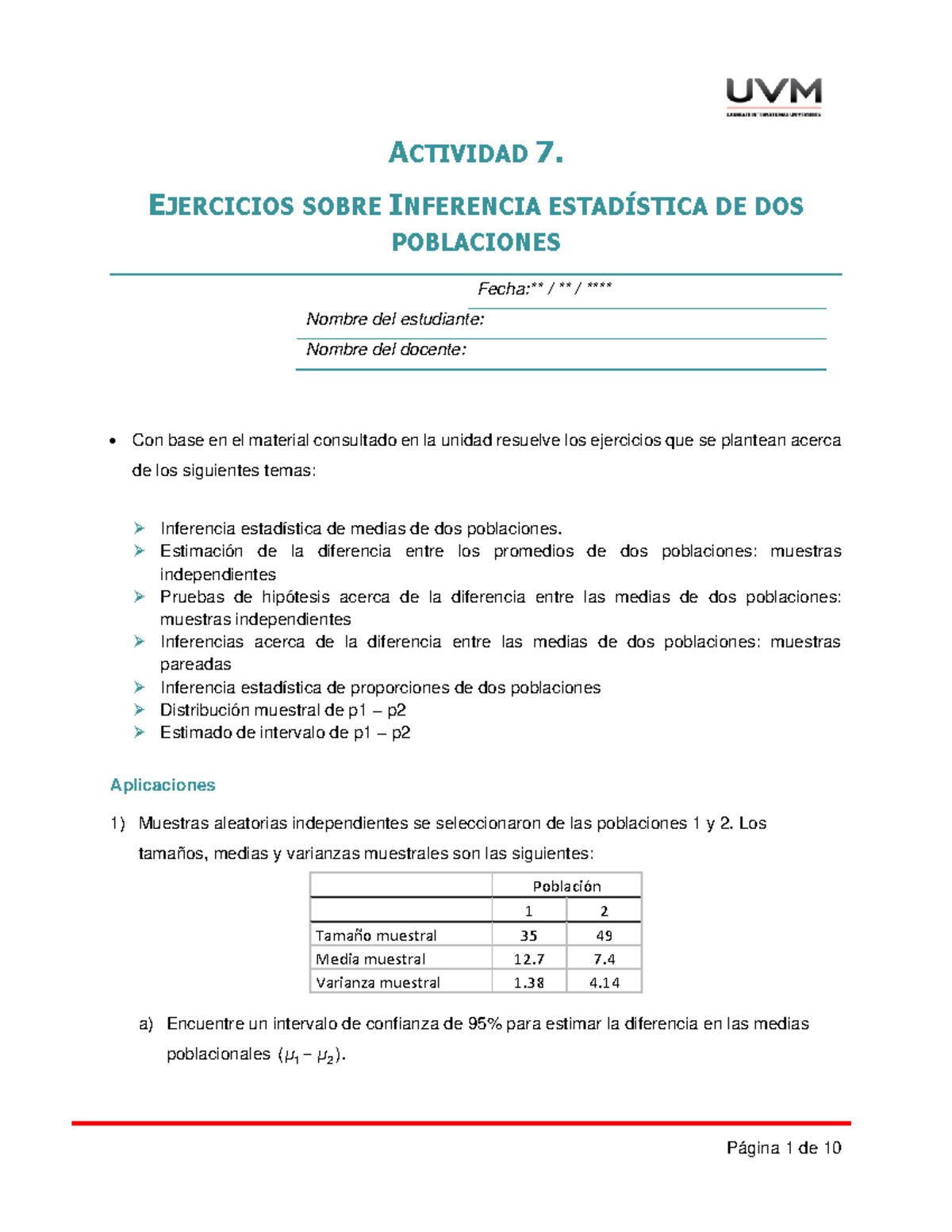 A7 Ejercicios - ACTIVIDAD 7. EJERCICIOS SOBRE INFERENCIA ESTADÍSTICA DE ...