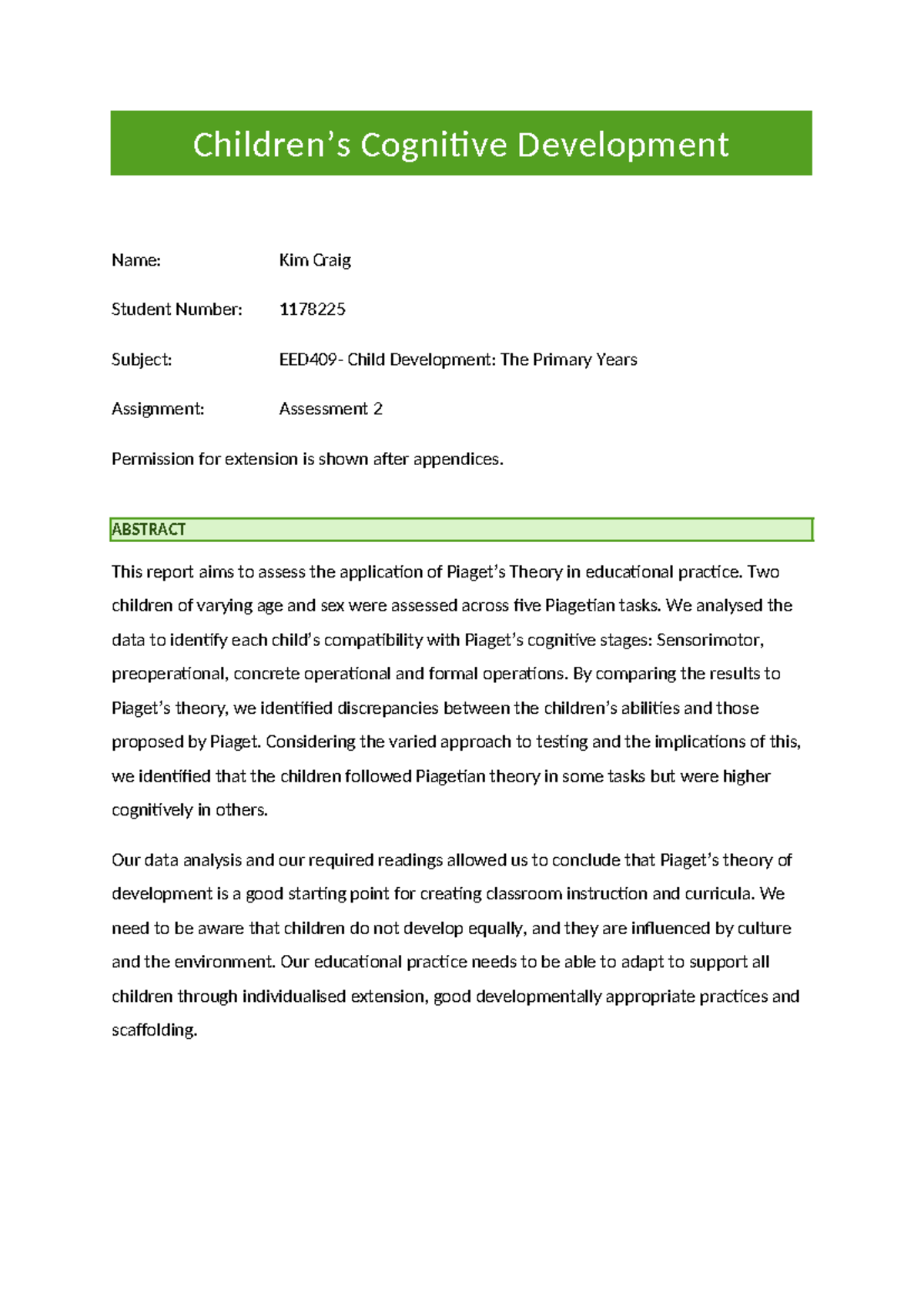 EED409 Assessment 2: Piaget’s Cognitive Development Research Report ...