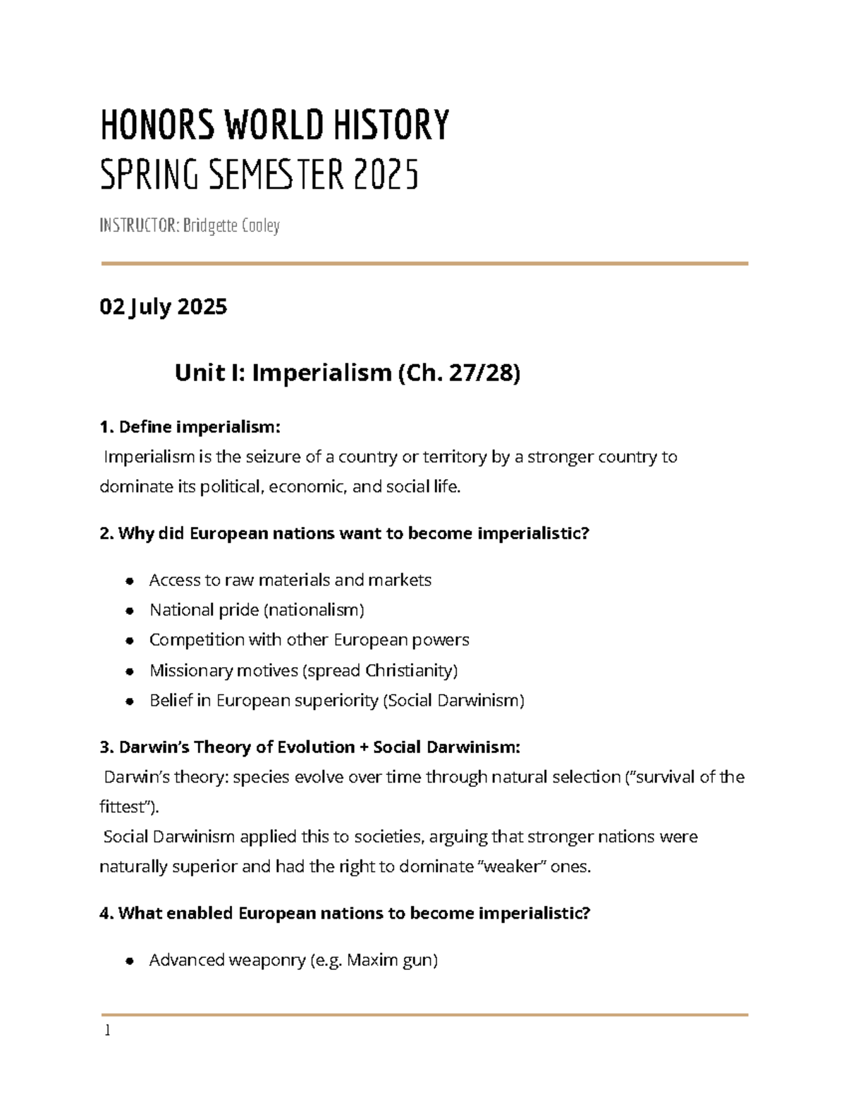 HONORS WORLD HISTORY SEMESTER 2 FINAL STUDY GUIDE - SPRING 2025 - Studocu